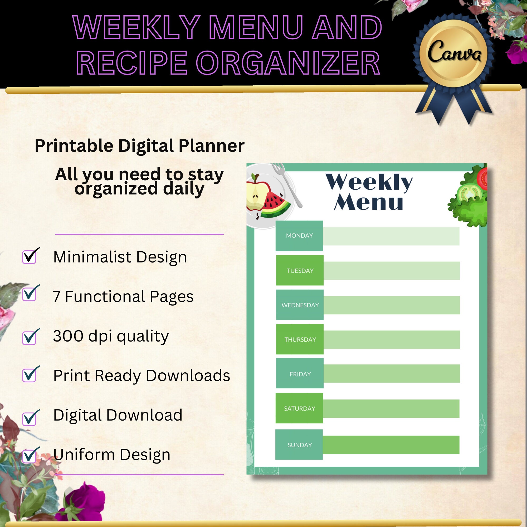 Weekly Menu and Recipe Organizer, Weekly Meal Planner, Daily Meal ...