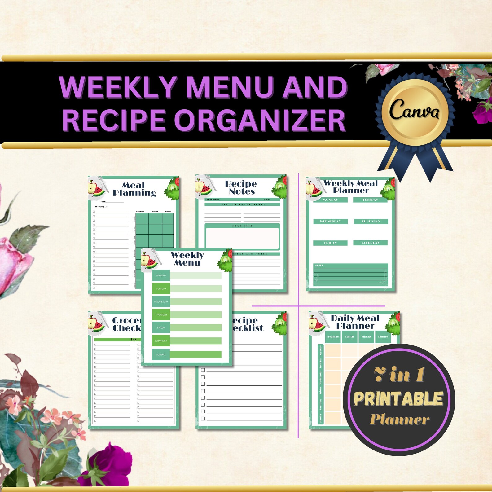 Weekly Menu and Recipe Organizer, Weekly Meal Planner, Daily Meal ...