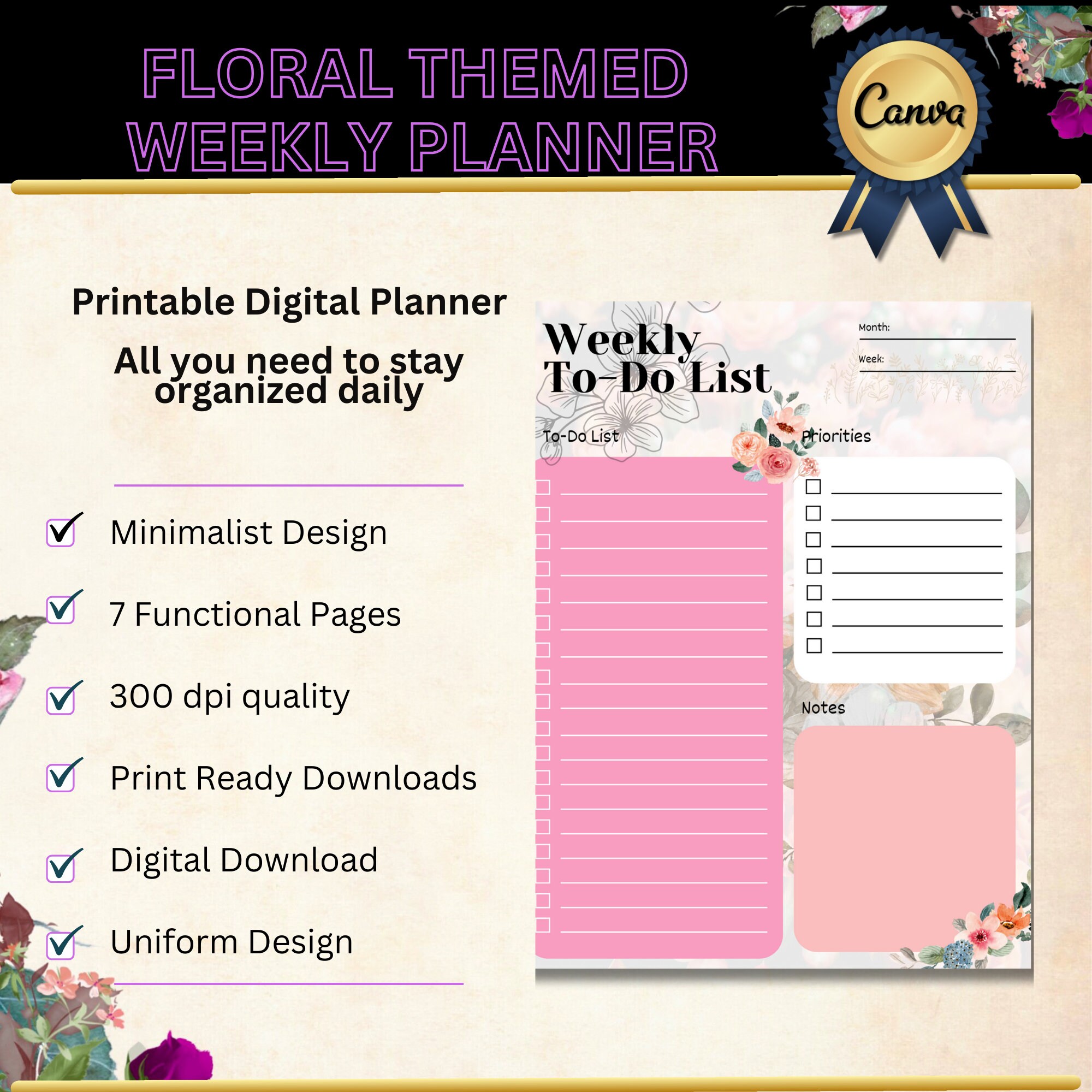 Floral Themed Weekly Planner, Printable Weekly Planner, Planner ...