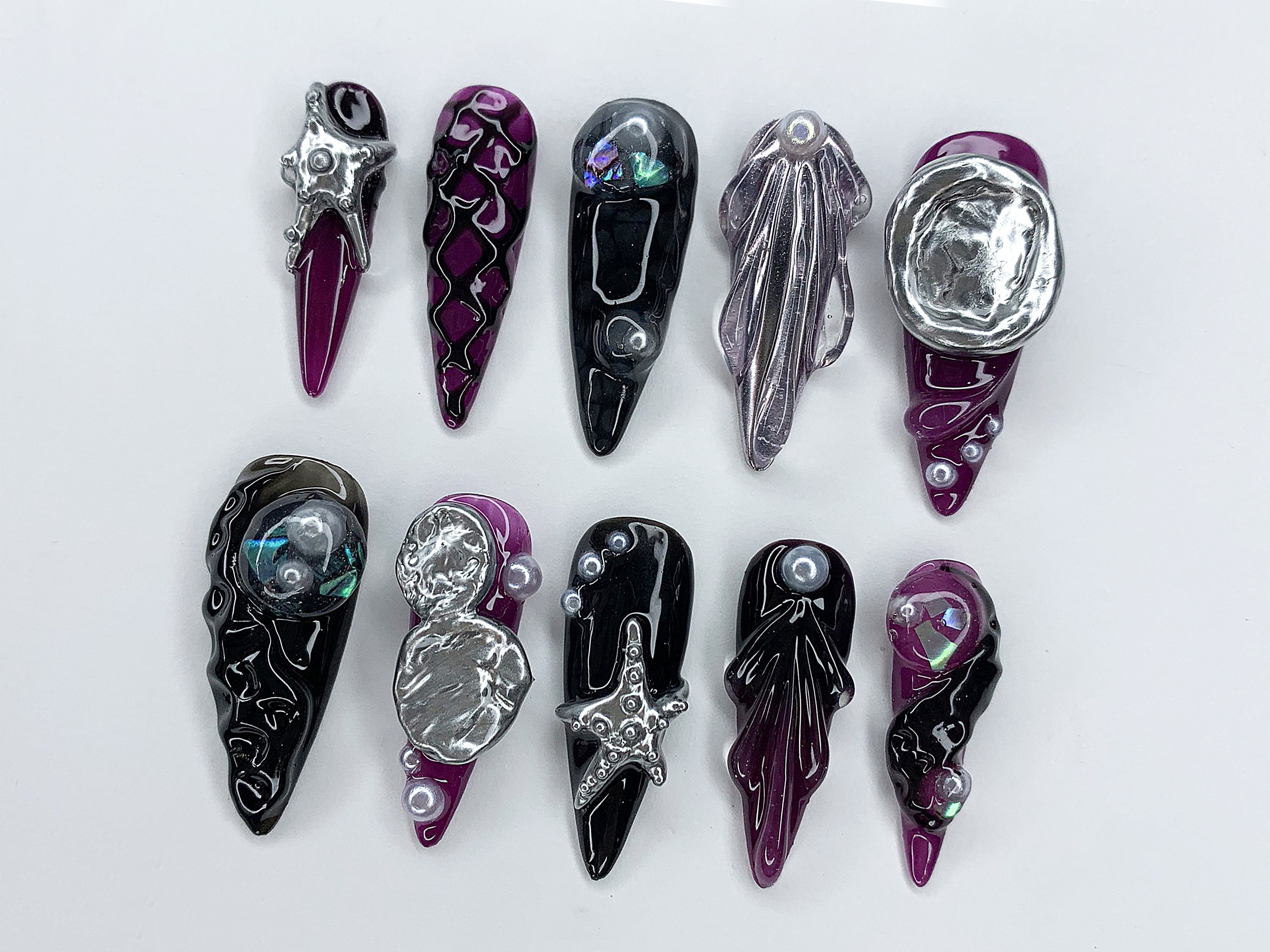 Custom Acubi Style Nails | Dark Purple and Black Nail Set | 3D Gel ...