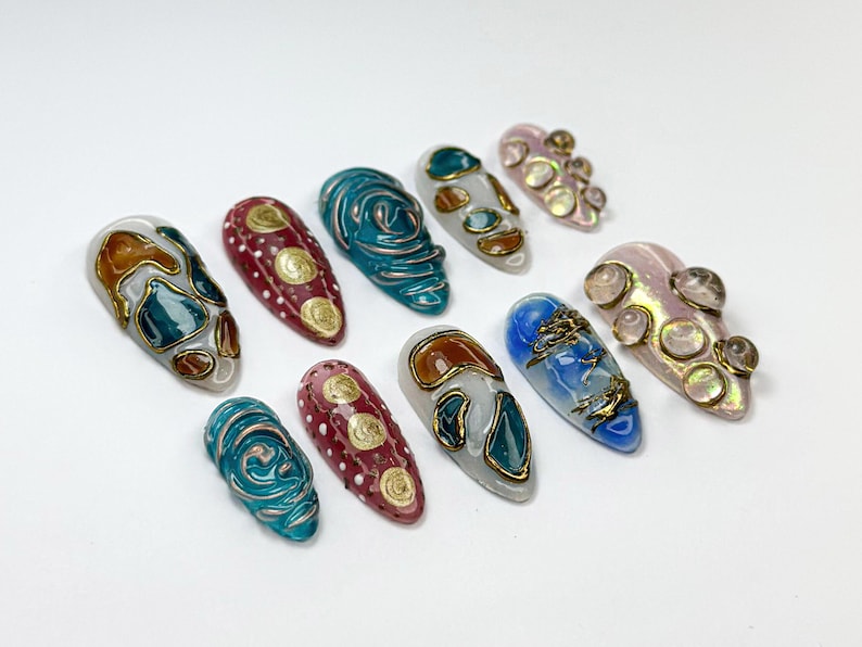 Luxury Gemstone Press on Nails | 3D Crystal Nail Art | Gold & Blue ...