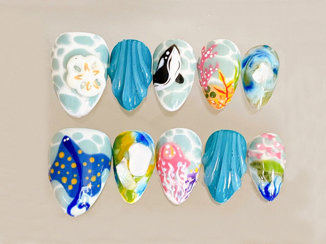 Ocean-inspired Press on Nails| Hand-painted Nail Art | Sea Life Nail ...