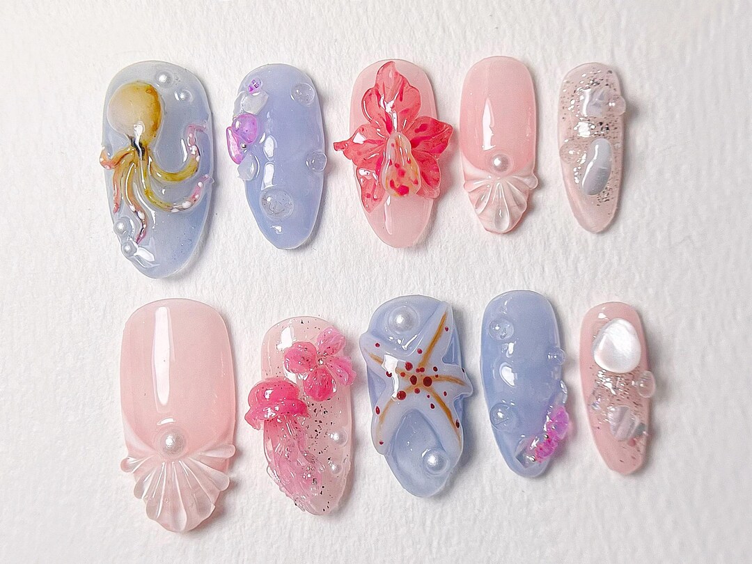 Jelly Ocean-inspired Long Almond Nails | 3D Beach Theme With Seashells ...
