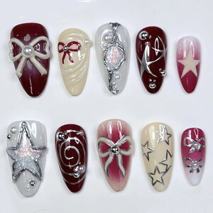 Y2k-inspired Red Press on Nails | Ribbon Bow and Star Elegant Motifs ...