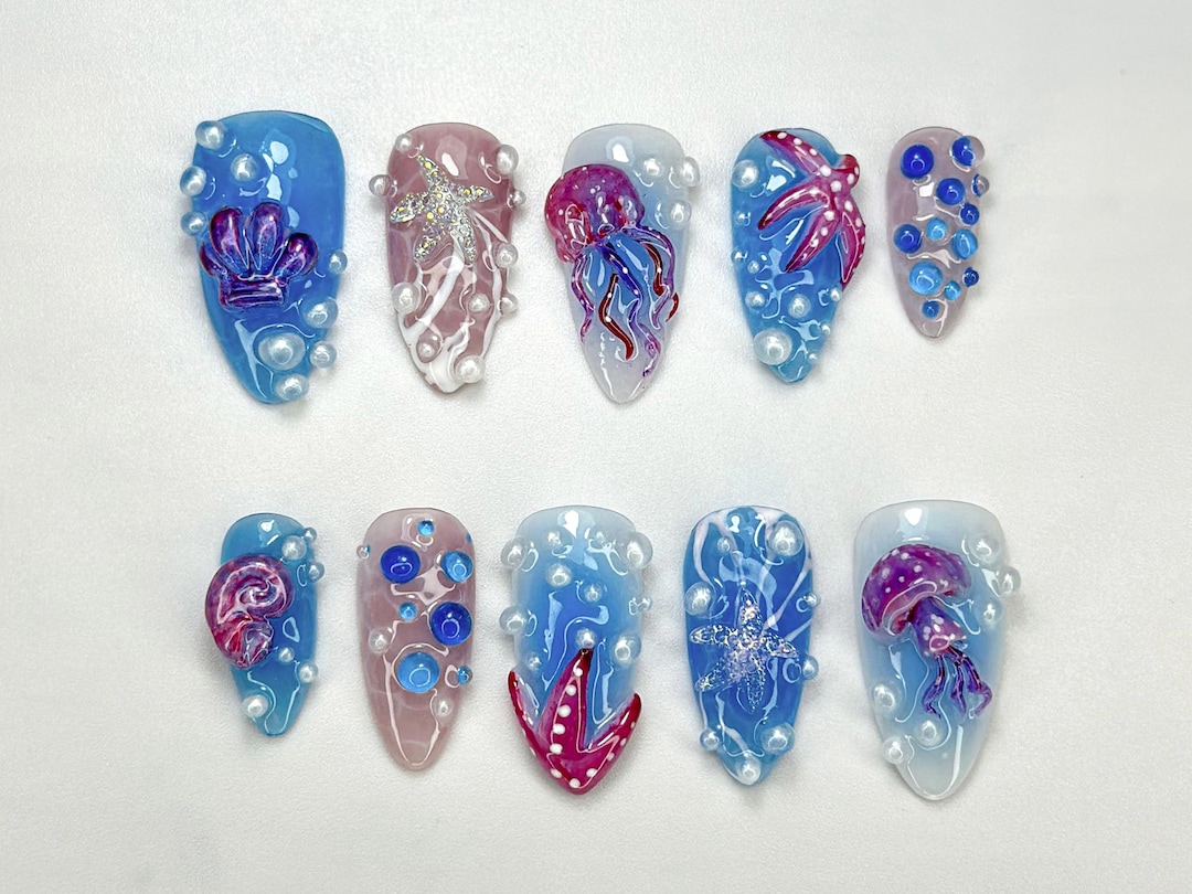 Deep Sea Themed Press on Nails | 3D Starfish & Seashell Nail Art ...