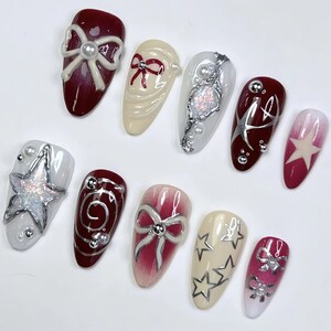 Y2k-inspired Red Press on Nails | Ribbon Bow and Star Elegant Motifs ...