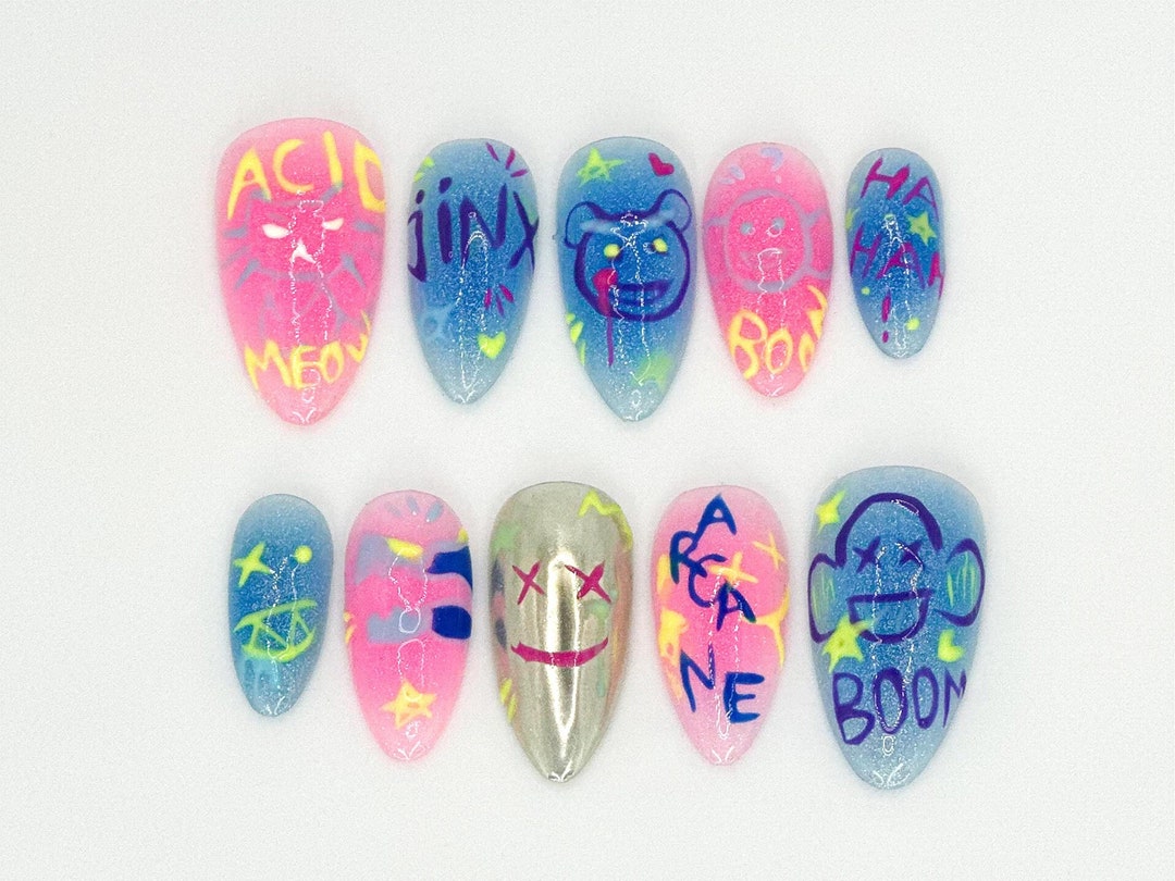 Jinx-inspired Press-on Nails | Arcane Jinx Graffiti Nail Art | Handmade ...