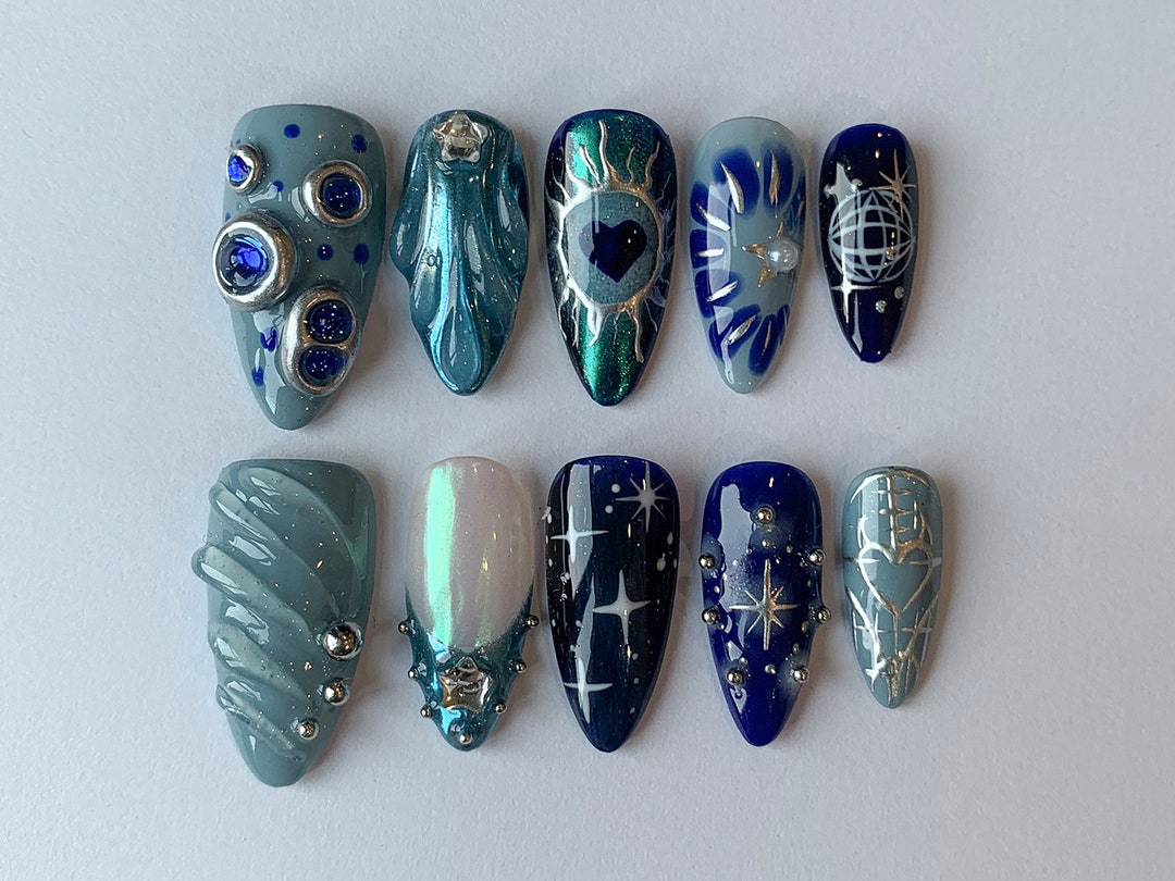 Acubi-style Press on Nails | Deep Blue Ombre | 3D Freestyle Handpainted ...