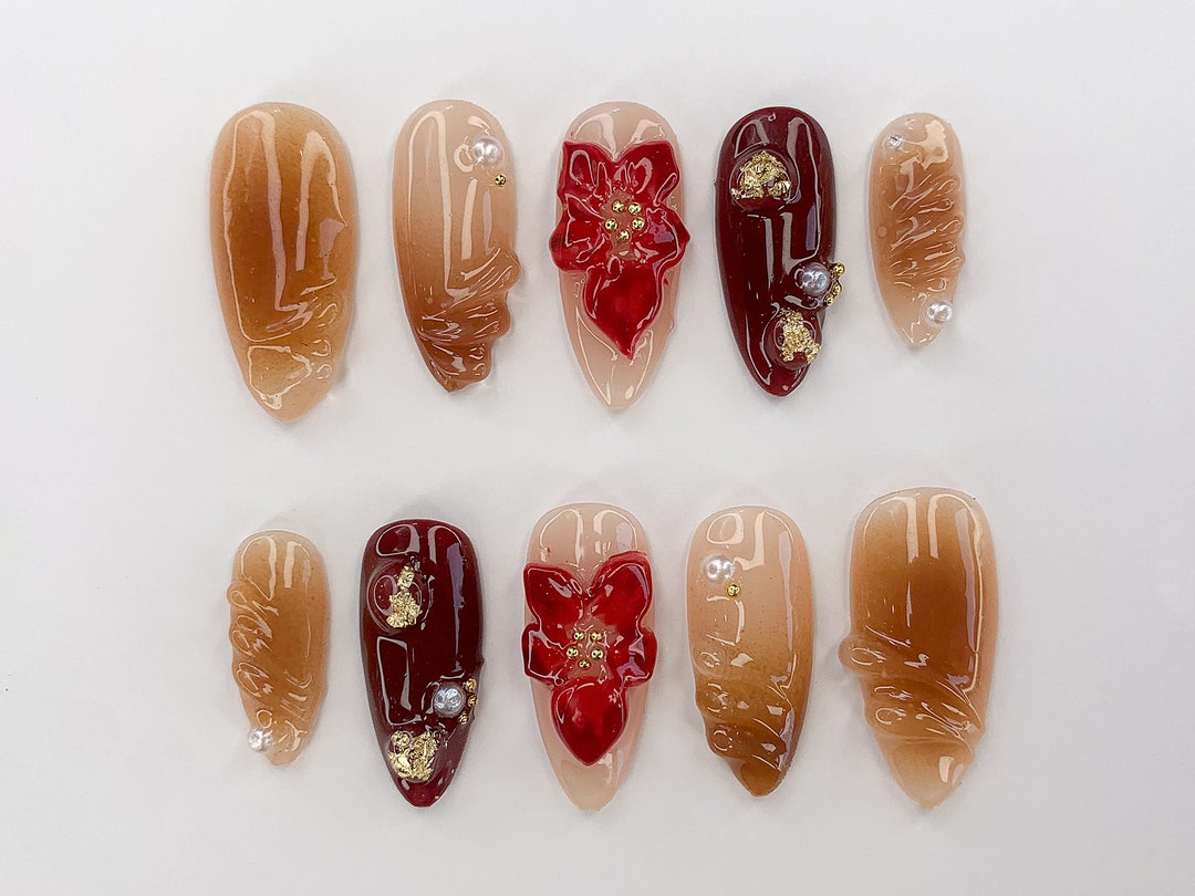 Custom Flower Fairycore Nails | Press on Nails Almond | Dreamy 3D ...