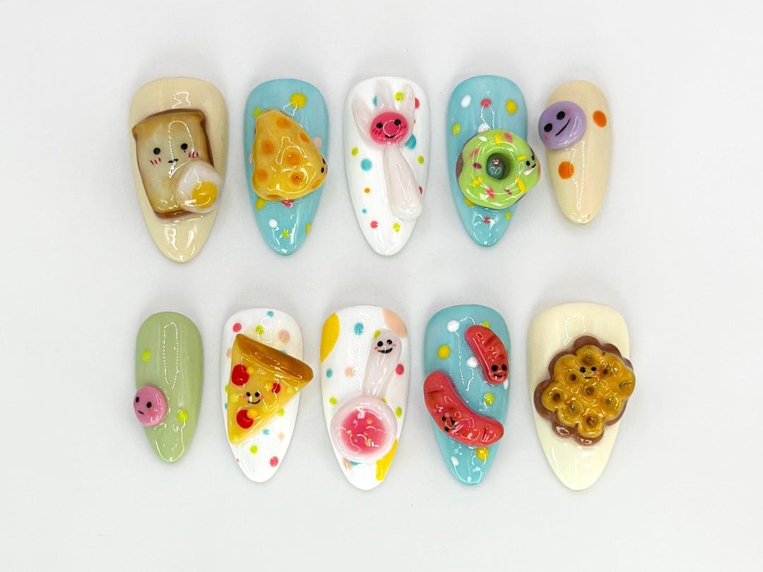 Kawaii Food 3D Press on Nails Cute Breakfast Nail Art Pizza, Waffle ...