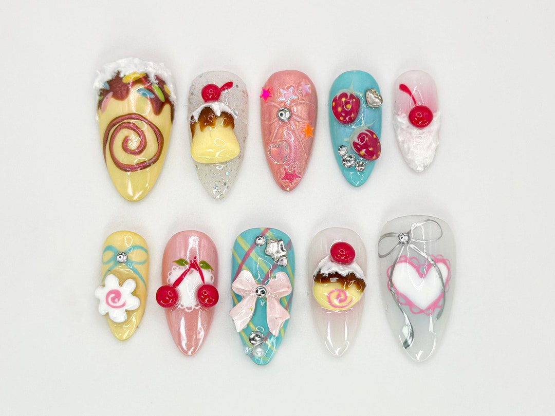 Colorful Dessert-inspired Press-on Nails Cute Cherry & Cupcake Details ...