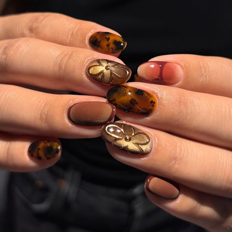 Autumn Burgundy Tortoiseshell Press on Nails | Gold Orchid Accent Nails ...