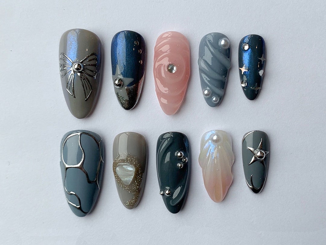 Stunning Acubi-style Press on Nails | Dark Blue Pink Nail Set | Y2k ...