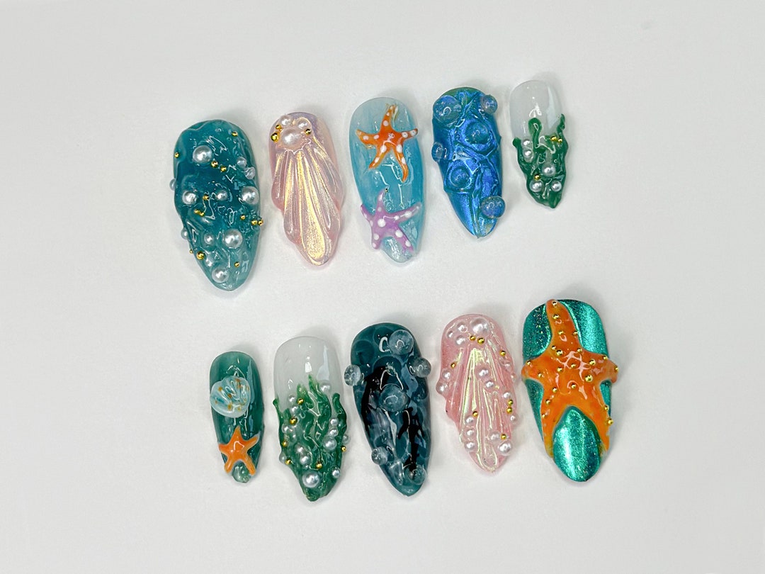 3D Tropical Beach Press on Nails Ocean-themed With Seaweed, Seashells ...