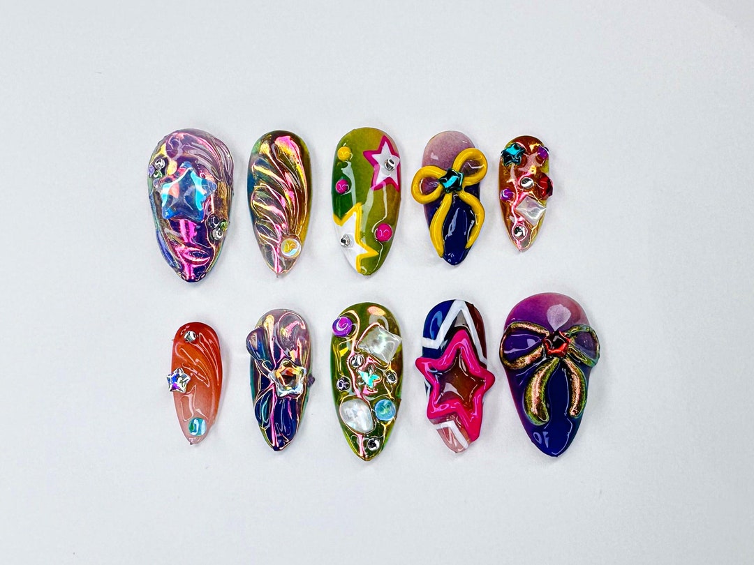 Whimsical Artisan Press-on Nails | Eccentric Multi-color Fake Nails ...