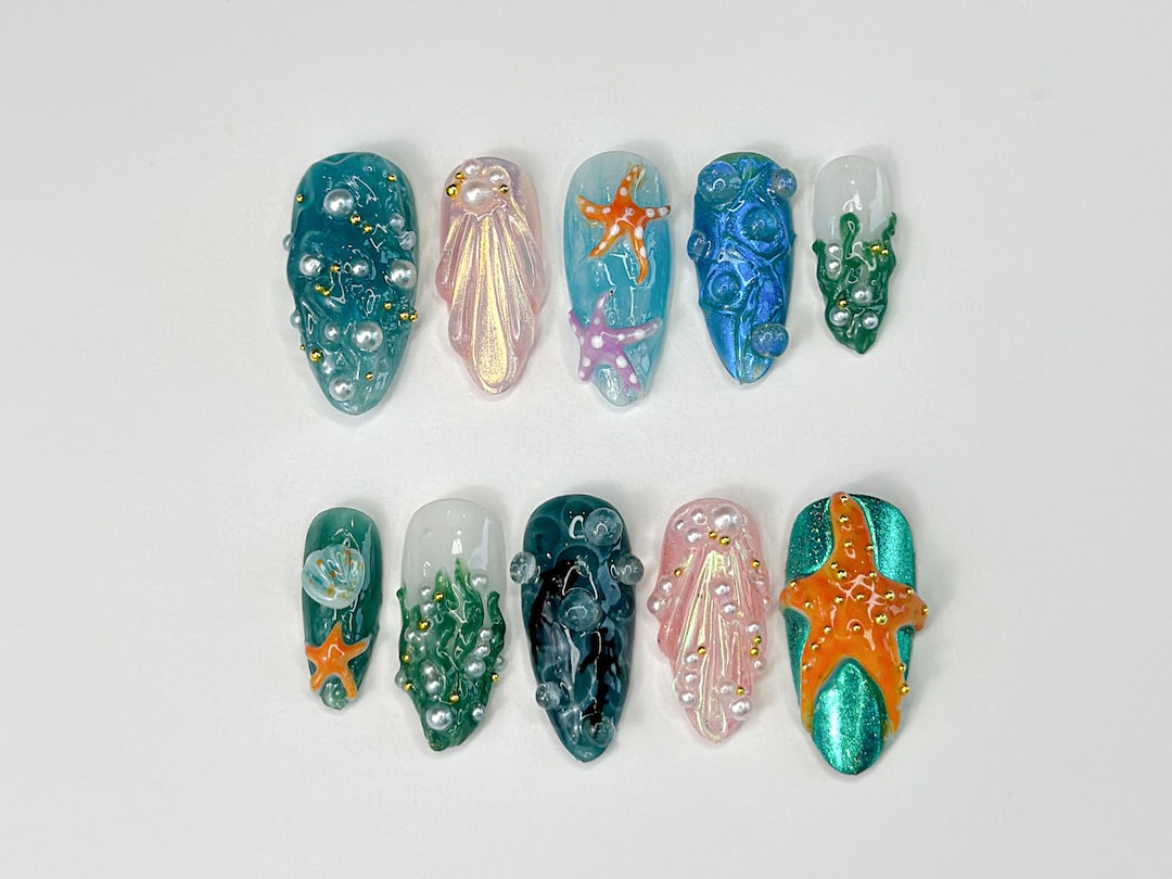 3D Tropical Beach Press on Nails | Ocean-themed With Seaweed, Seashells ...