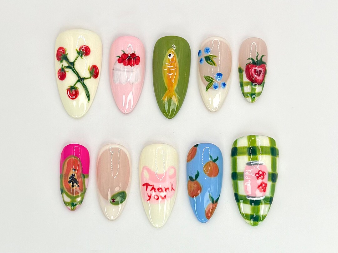 Fruit Garden Custom Nail Art | Hand-painted Watermelon, Strawberry ...