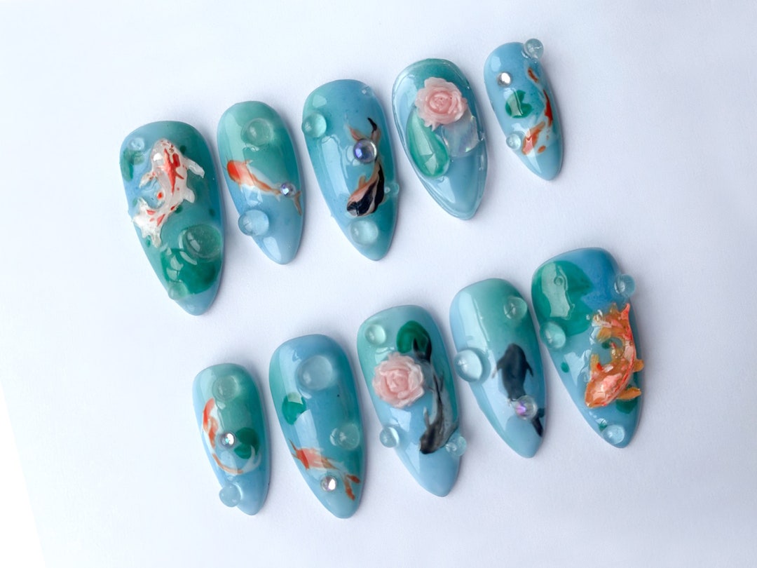 Blue Ocean-inspired Press on Nails 3D Oceanic Marvels 3D Sea Creatures ...