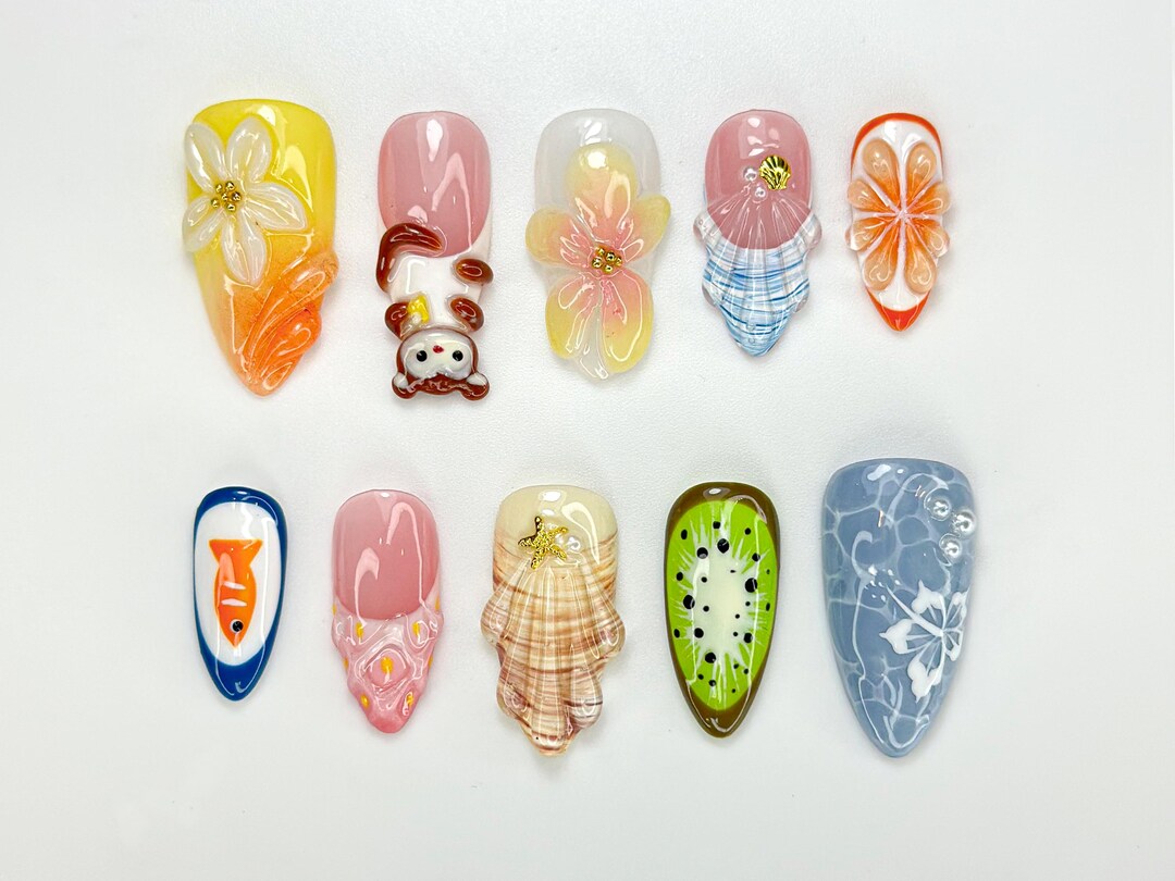 Summer Picnic Mokey Press on Nails | 3D Fruit & Flower Art |fun ...
