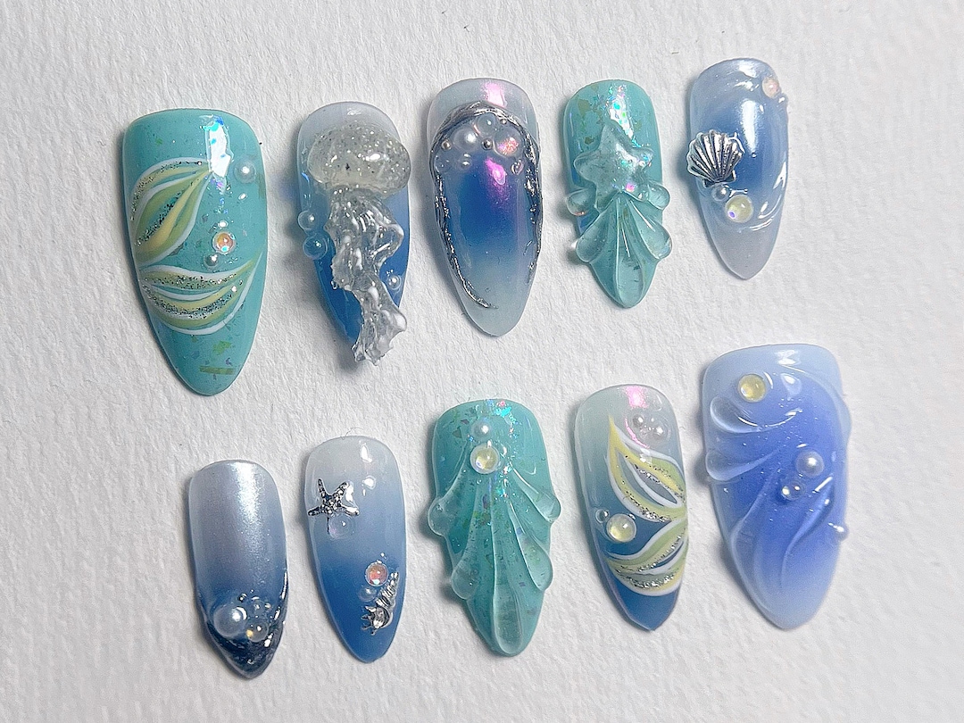 Blue Ocean Theme Style Nails Ocean-inspired Press on Nails Marine Nail ...