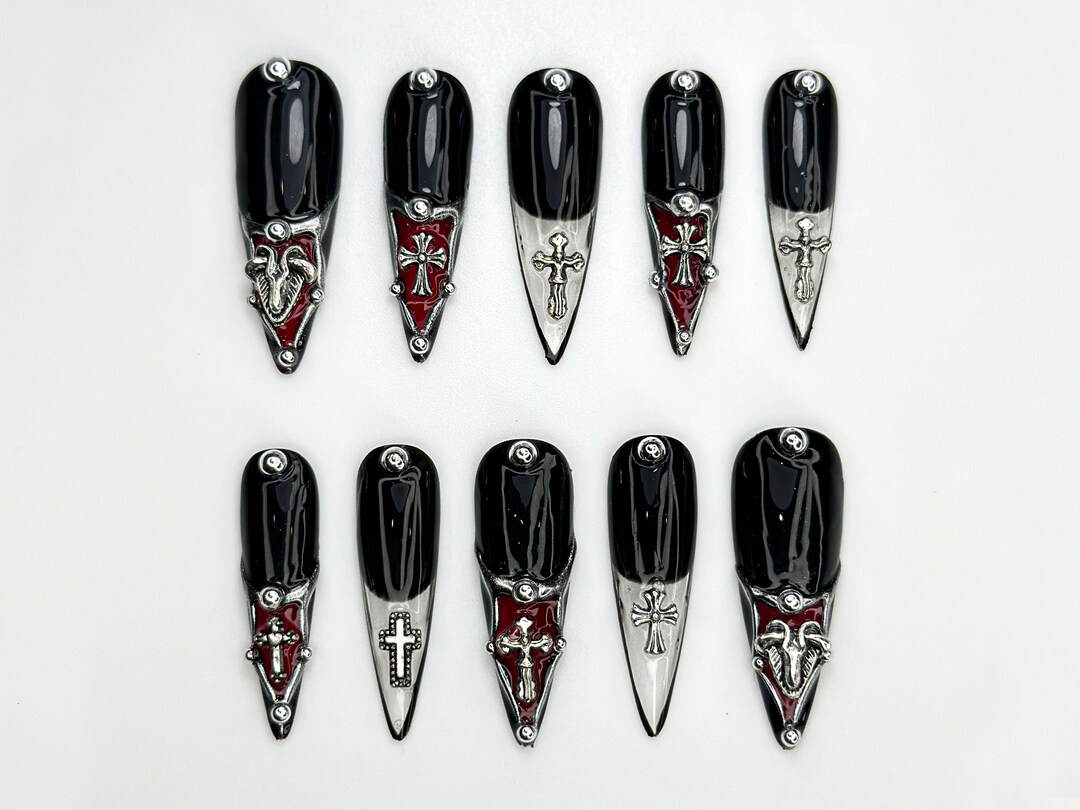 Gothic Cross Tip Press on Nails | Vampire Red & Black Nails | Gothic ...