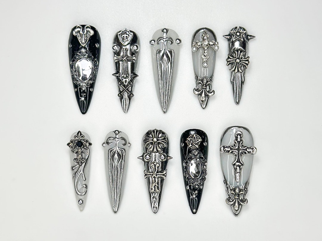 Gothic Silver Sword Press on Nails | 3D Cross & Dagger Nail Art ...