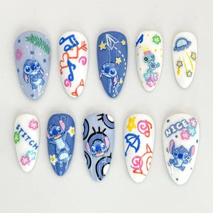 Cute Stitch Cartoon Press-on Nails | Fun Space and Floral Details | Fun ...