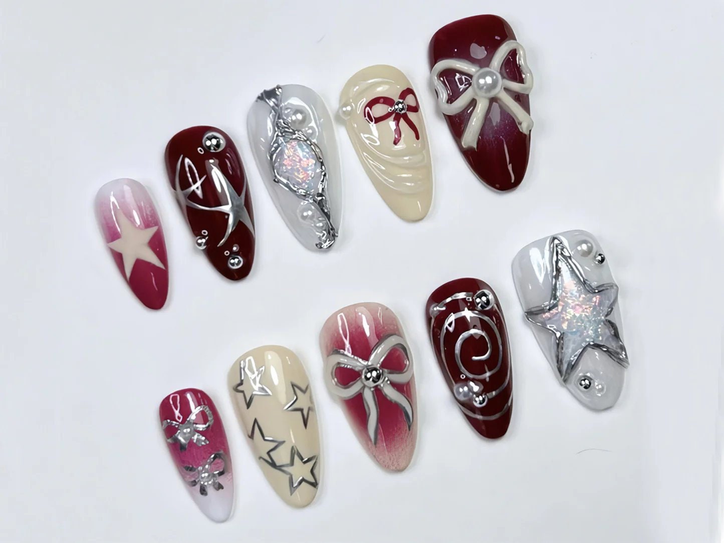 Y2k-inspired Red Press on Nails | Ribbon Bow and Star Elegant Motifs ...