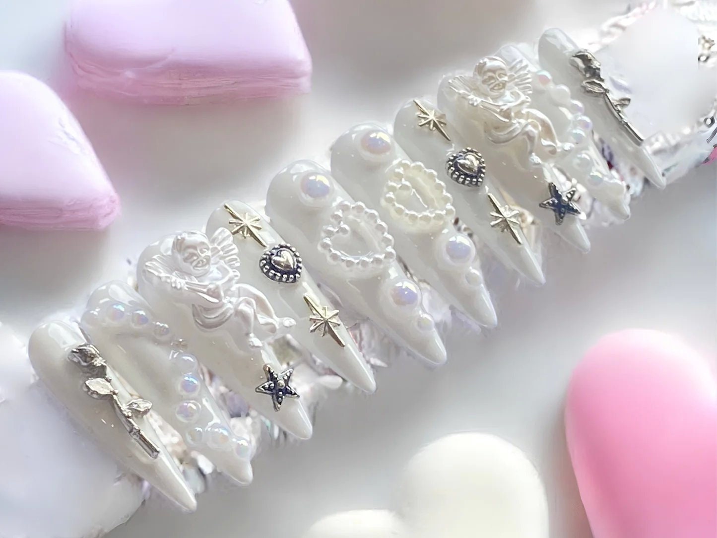 Angel Press on Nails-heavenly Glamour Elegant White Designs With ...