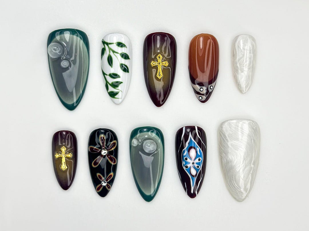 Religious Inspired Press on Nails | Jade Marble Leaf Nail Art ...