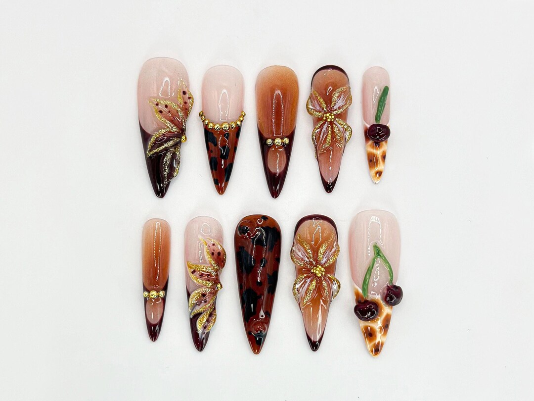 Brown Tortoise Shell Press on Nails | Handmade Gold Floral Accent Nails ...