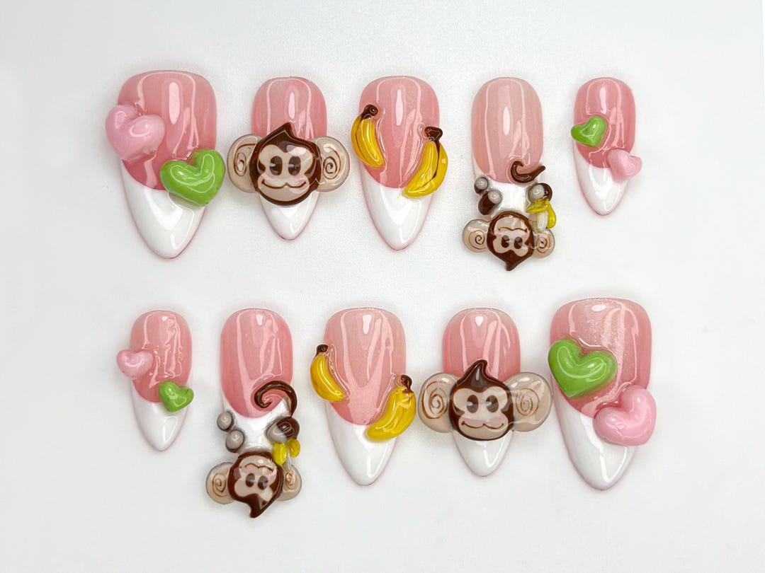 Cute Monkey Pink Press on Nails | Cute 3D Banana Monkey Nails | Pink ...