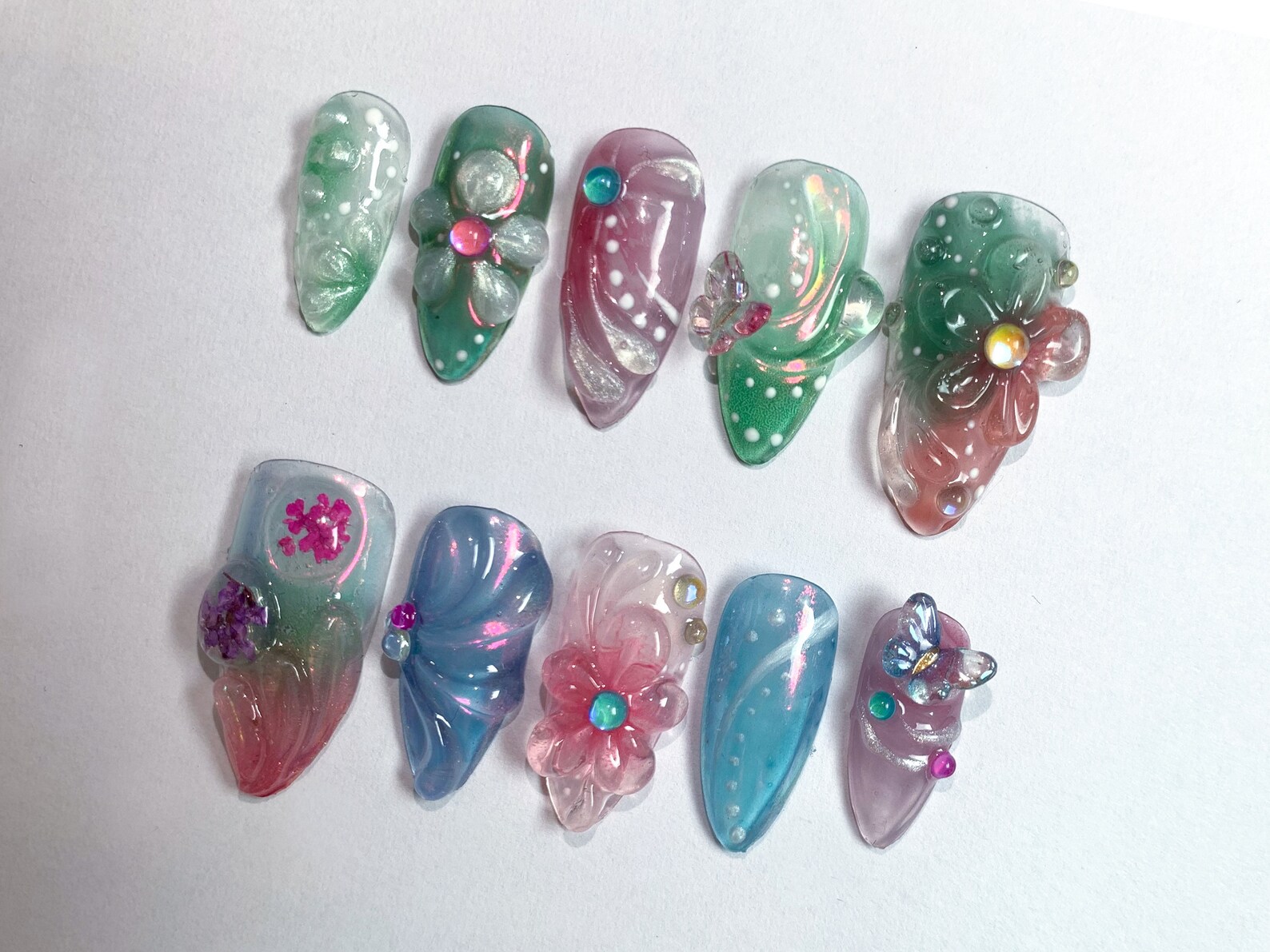 3D Dry Orchard Flower Press on Nail | Almond Nails | Custom Handpainted ...
