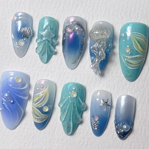 Blue Ocean Theme Style Nails | Ocean-inspired Press on Nails | Marine ...