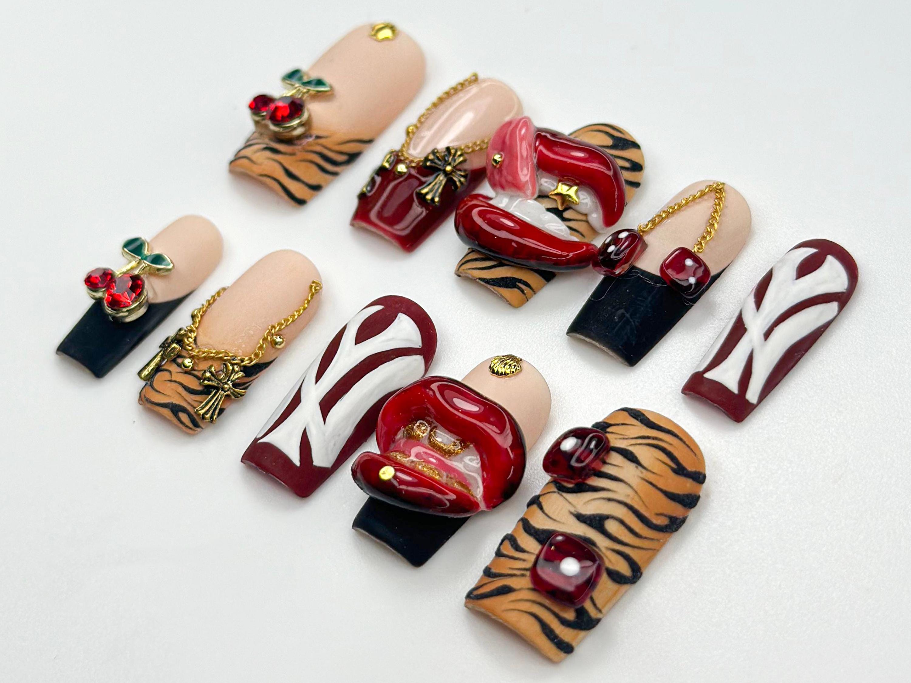 Bold Red Lips Press on Nails | 3D Lips Chains Nail Art | Bold ...