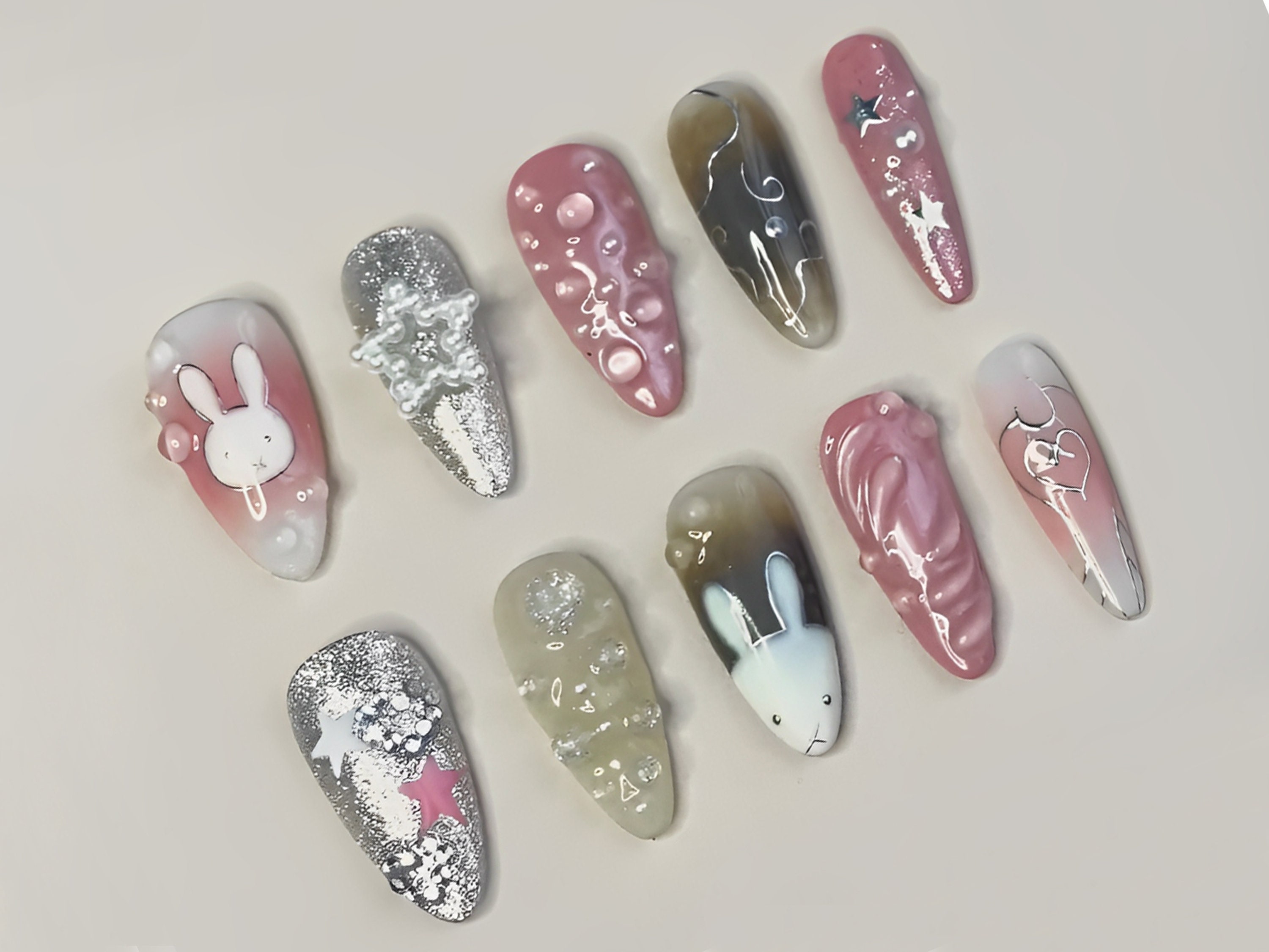 Cute Bunny Nail Art | Adorable Press on Nails | Pink Nails | Star Charm ...