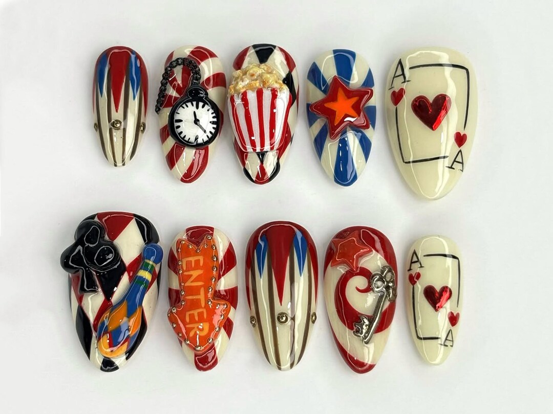 Carnival Circus Press on Nails | Popcorn Game Nail Art | Retro Red Blue ...