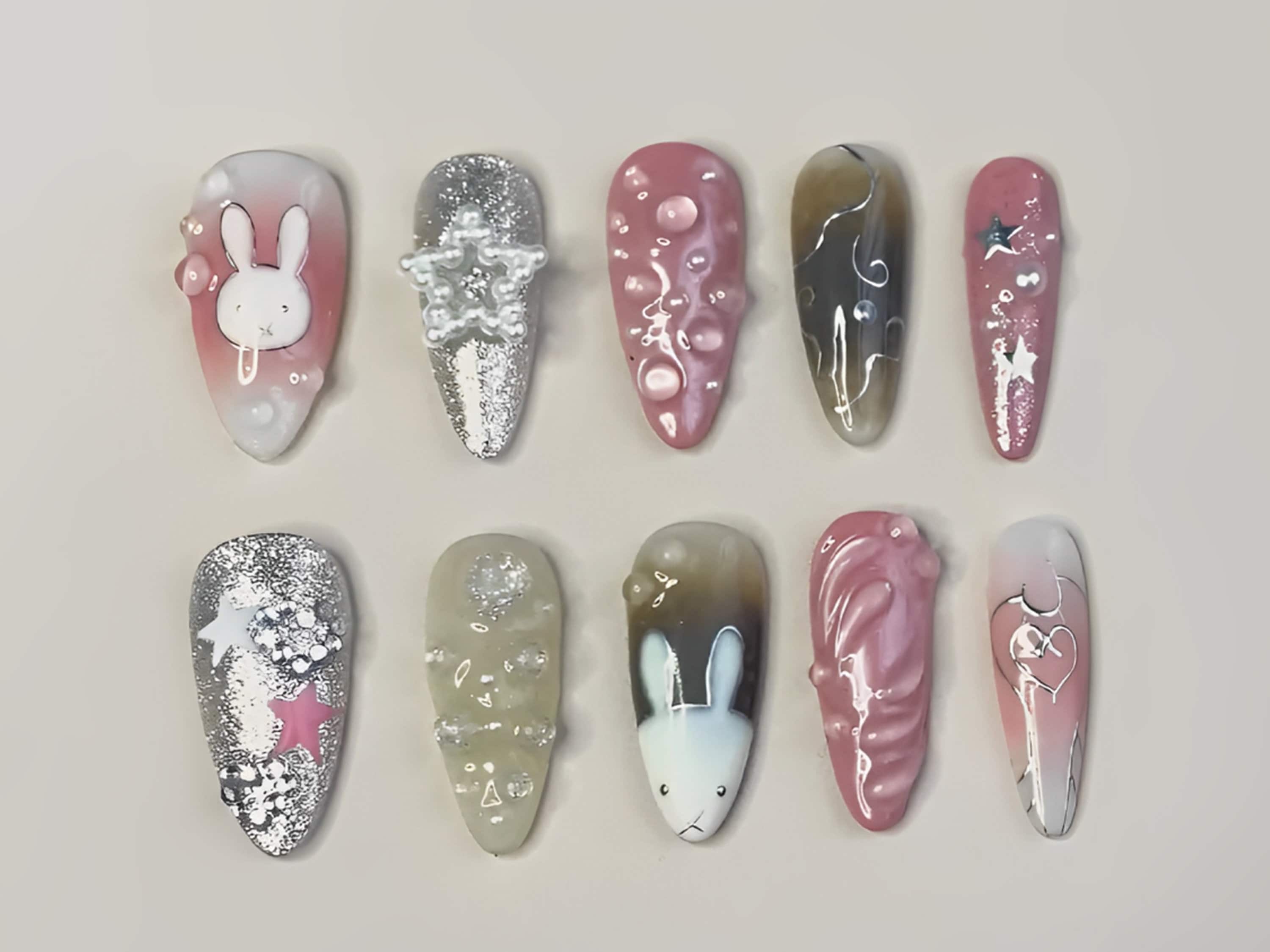 Cute Bunny Nail Art | Adorable Press on Nails | Pink Nails | Star Charm ...