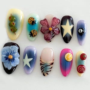 Whimsical Nature Mix Long Almond Nails | Durable and Stylish False ...