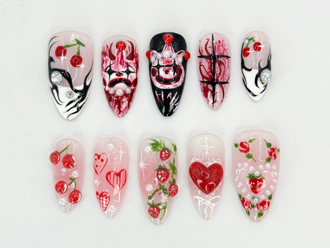 Unique Gothic Cherry Press on Nails | Luxury Red and Black Gothic Nail ...