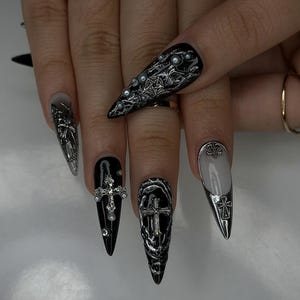 Gothic Baroque Metal Press on Nails | 3D Silver Cross Nail Art | Black ...
