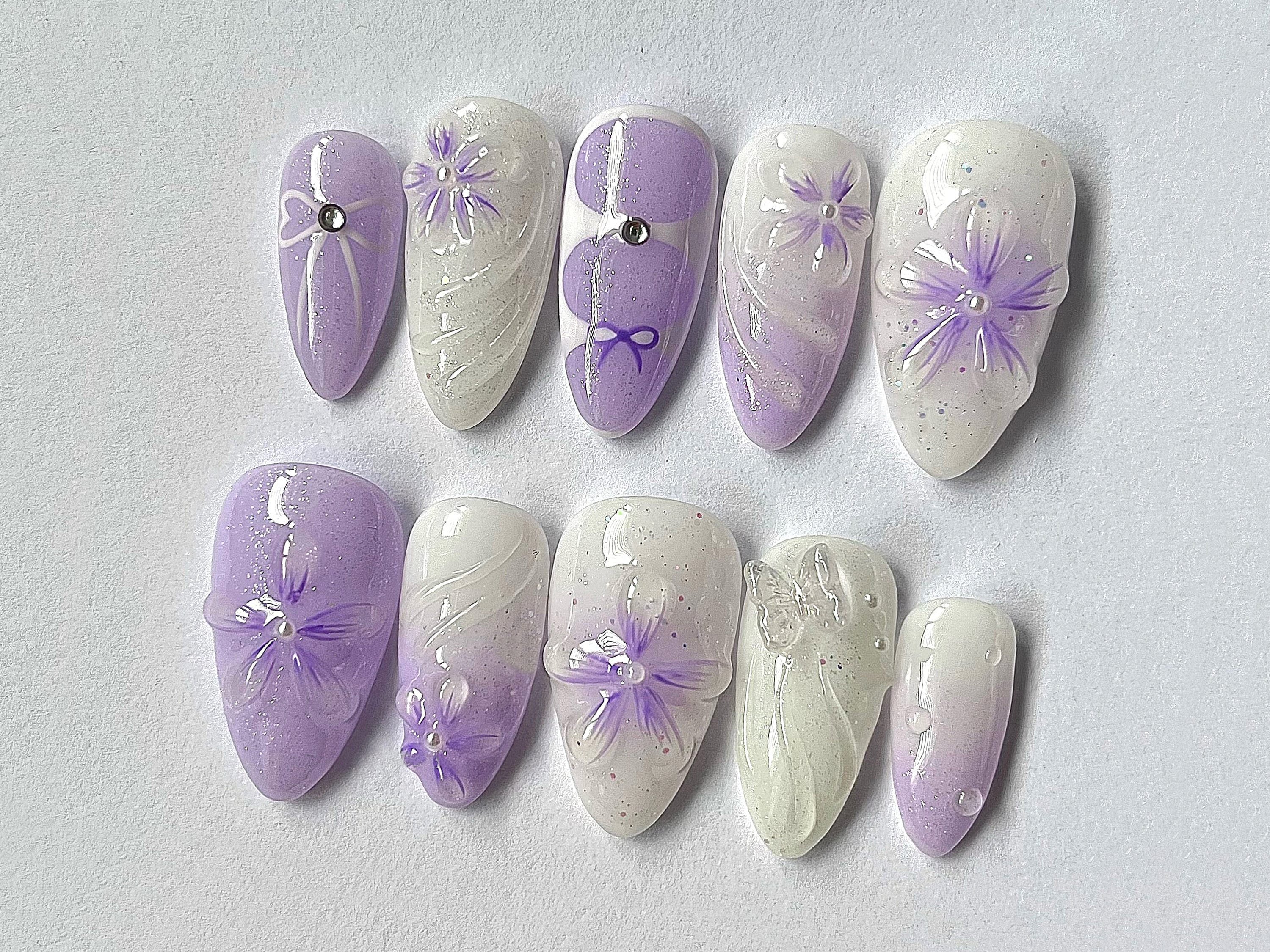Lavender Floral Press on Nails | Purple Ombre Nail Set | Dreamy Hand ...