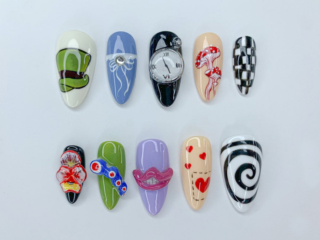 Alice in Wonderland Inspired Nail Set|unique 3D Gel Press on Nails With ...