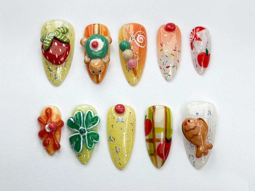 Cute Foodie Press on Nails | 3D Strawberry Candy Nail Art | Taiyaki ...