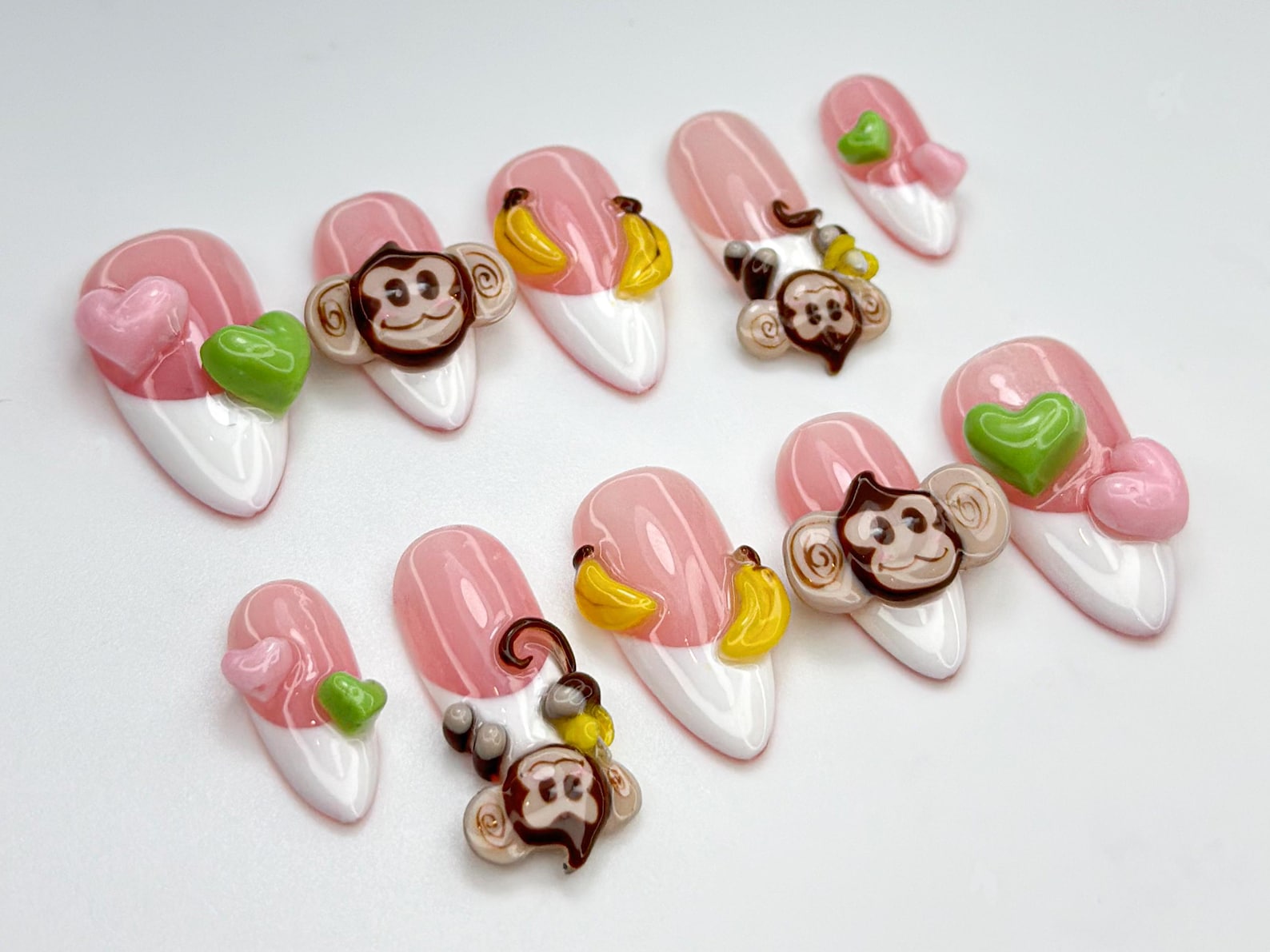 Cute Monkey Pink Press on Nails | Cute 3D Banana Monkey Nails | Pink ...