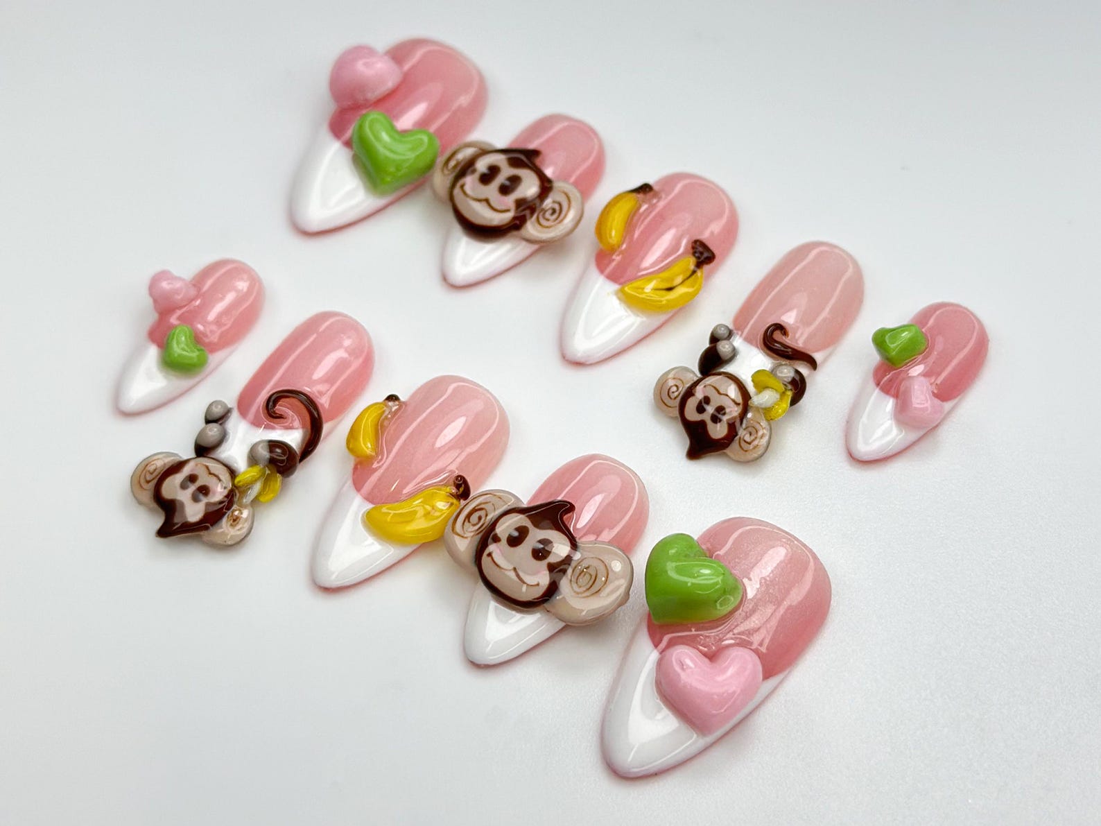 Cute Monkey Pink Press on Nails | Cute 3D Banana Monkey Nails | Pink ...