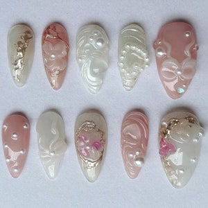 Pastel Pink Gel Nails Gel-embossed Press on Nails With Elegant Designs ...