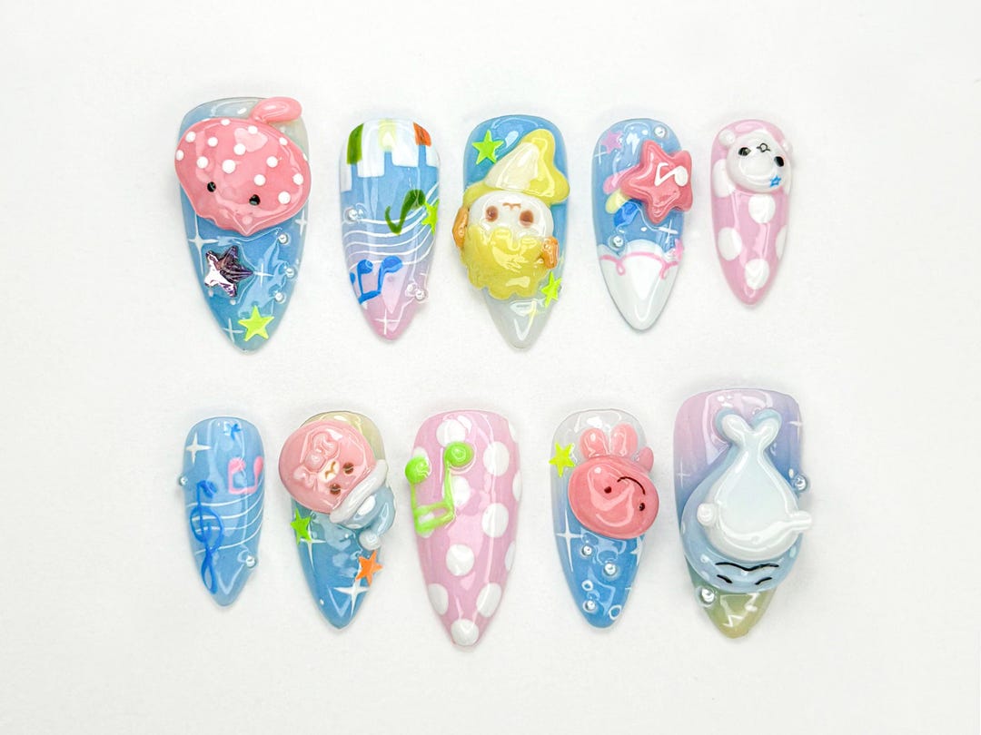 Ocean Cutie Characters Press on Nails | 3D Pastel Marine Animals ...