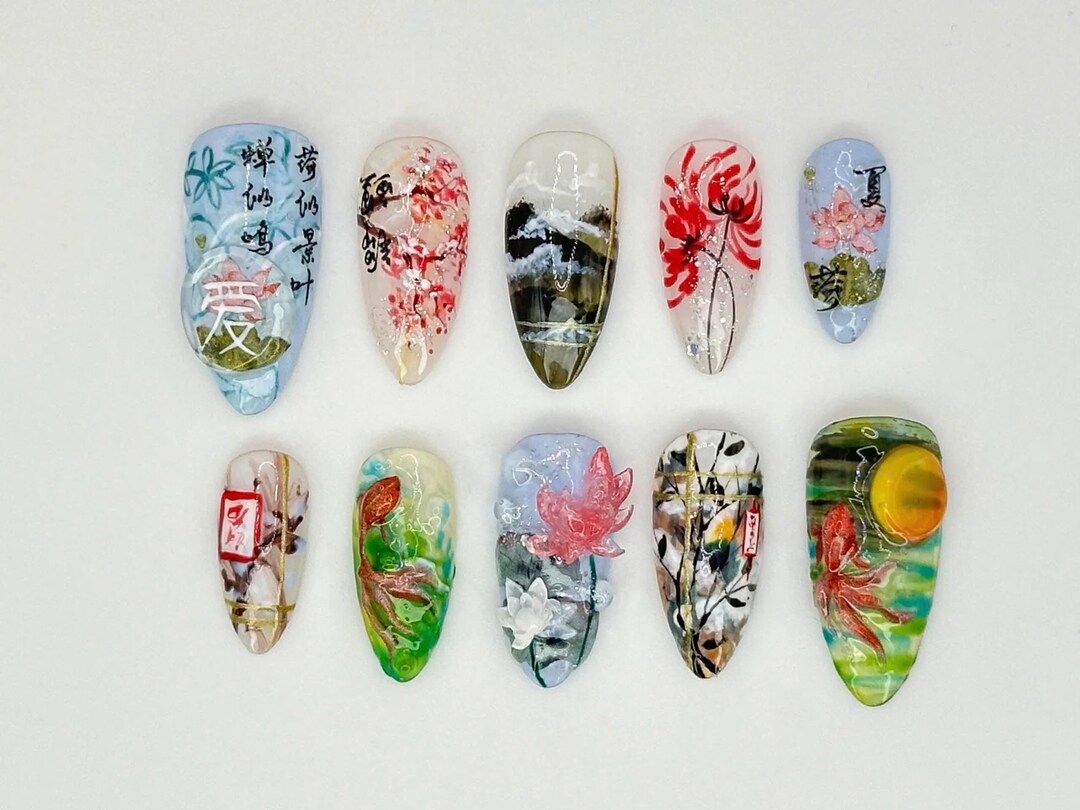 Japanese-inspired Koi Fish Almond Nails | Asian-inspired Scenic Fake ...