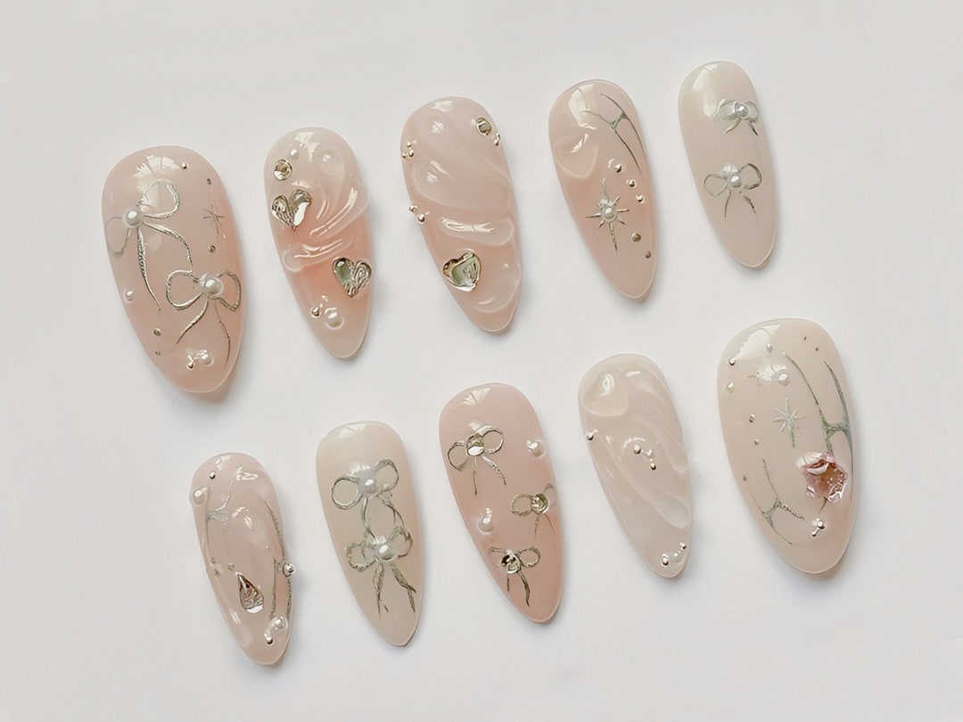 Pastel Pink Gel Nails | Gel-embossed Press on Nails With Elegant ...